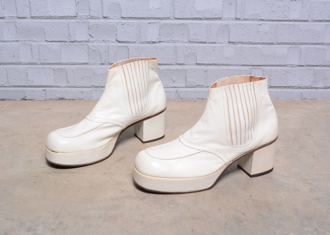 Vintage 60s 70s Platform Shoes Men High Heel Glam Rock White Leather ...