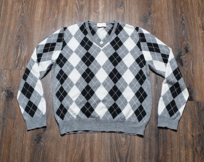Vintage Pringle Argyle V-neck Sweater 100% Cashmere Scotland Black Gray ...