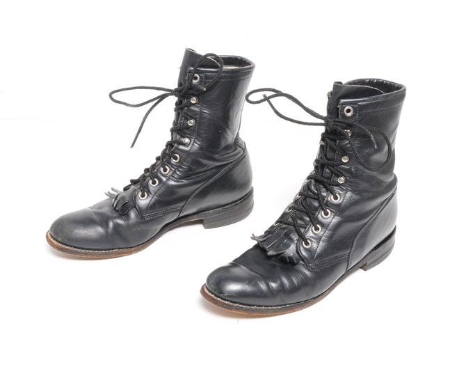 Vintage Justin Roper Boots Black Leather Western Cowboy Boots Packer ...