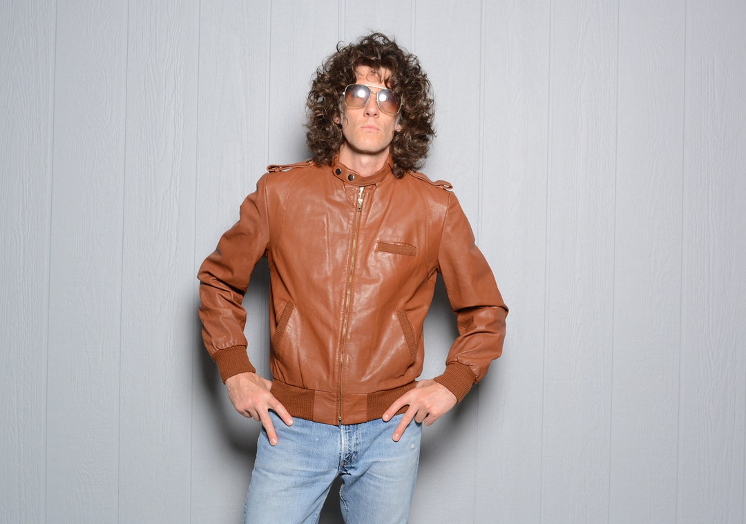 Vintage 70s Leather Jacket Light Brown Fur Lining Bomber Racer 1970 Men ...