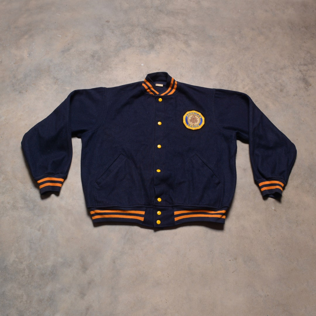 Vintage 50s American Legion Varsity Jacket Blue Gold Stripe Wool Coat ...