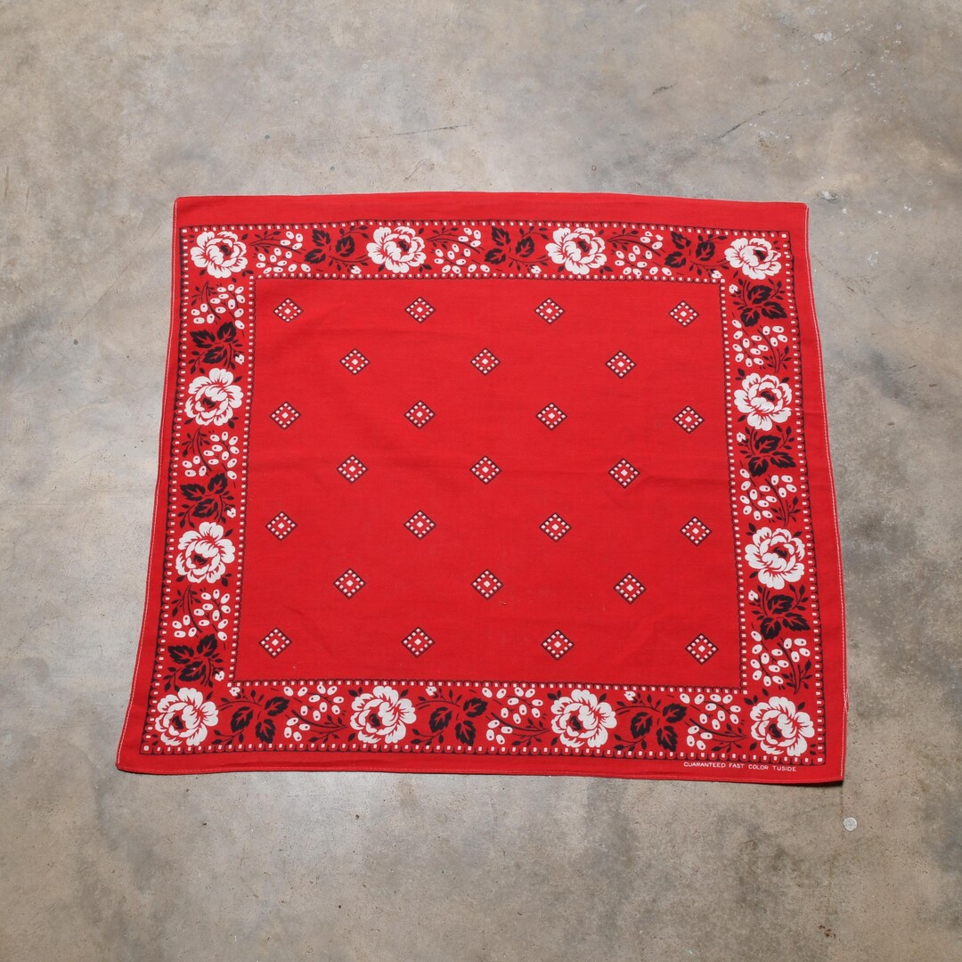 Vintage 40s 50s Red Rose Bandana Floral Flower All Cotton Kerchief 22 ...