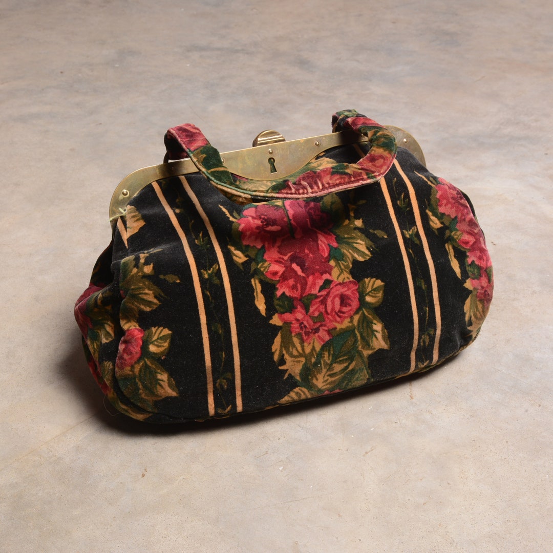 Vintage 40s 50s Handbag Velvet Velour Tapestry Purse Flower Red Rose ...