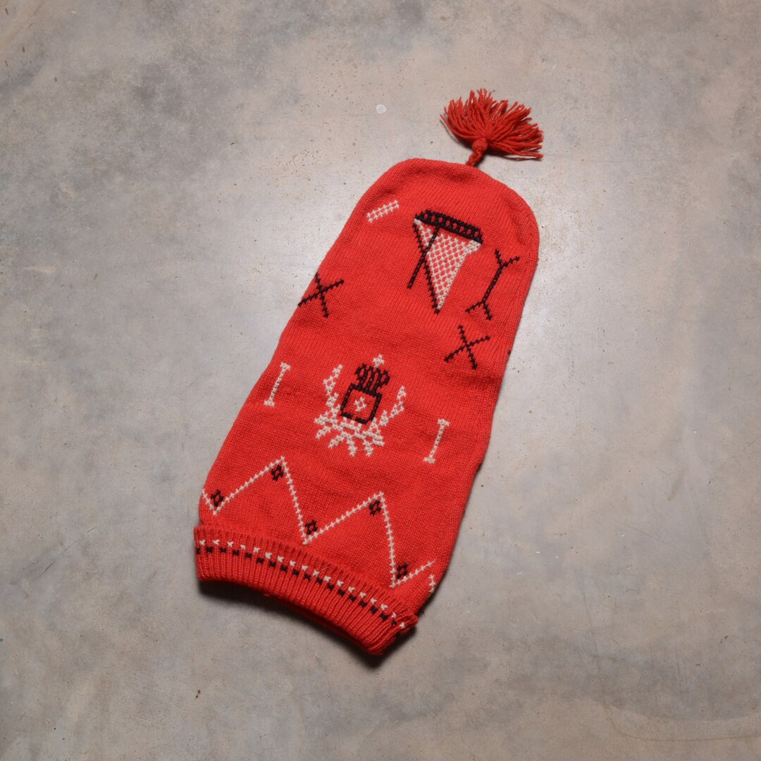 Vintage 40s long stocking cap knit hat 1940 pom-pom tobaggan red black ...