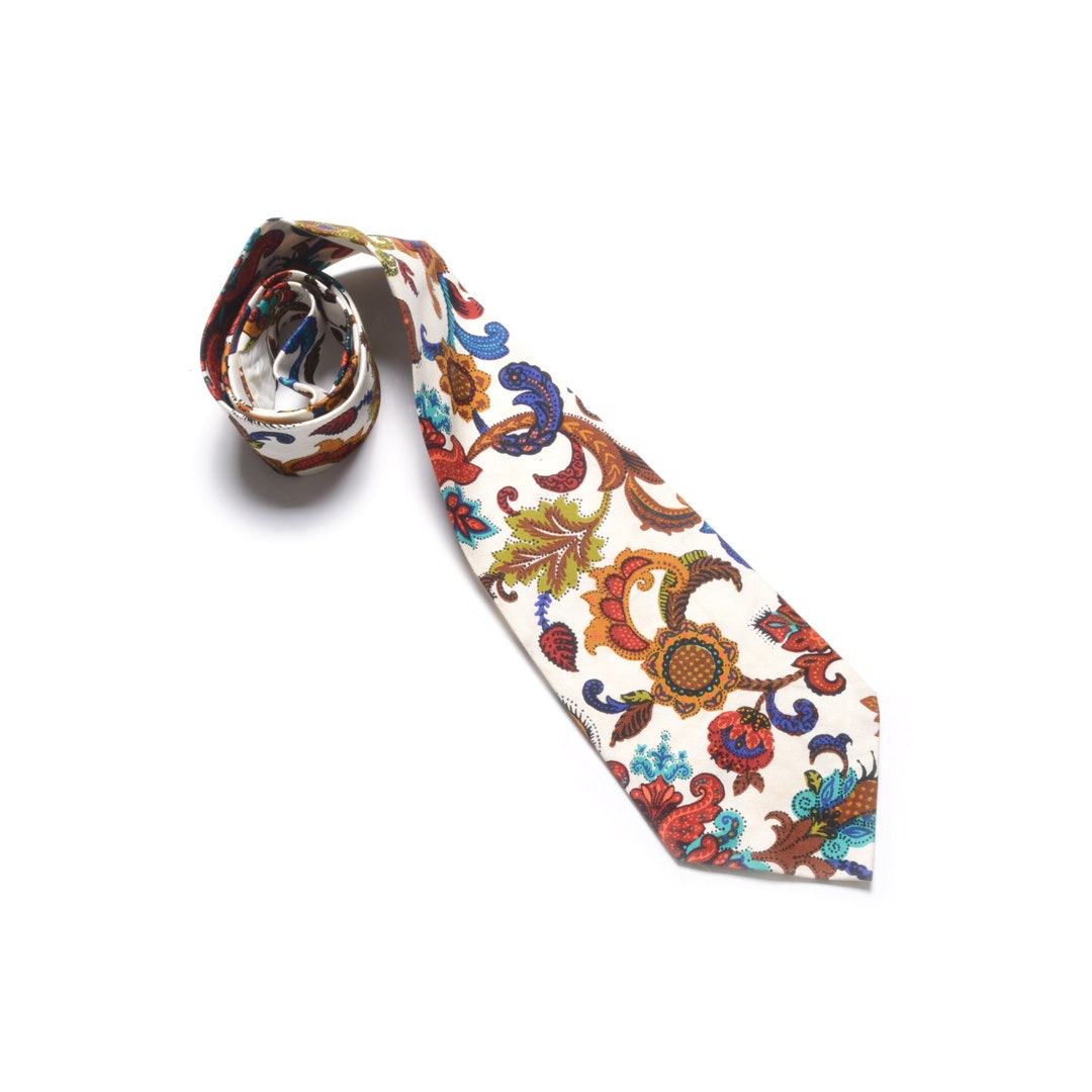 Vintage 70s Tie Flower Floral Paisley Pattern Print White Multi-color ...