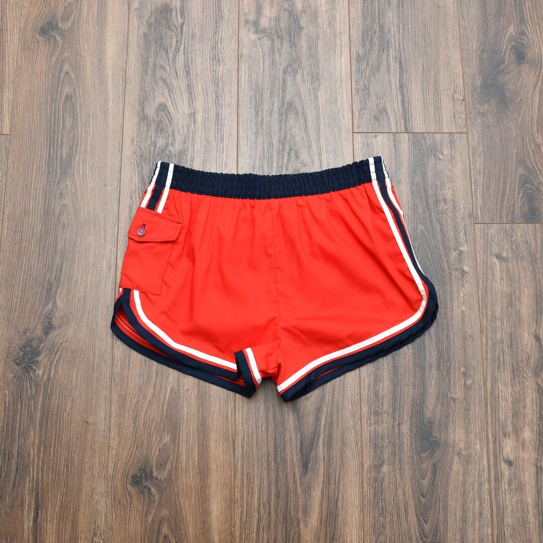 Vintage 70s 80s Swim Trunks Bathing Suit Gym Short Athletic Red White ...