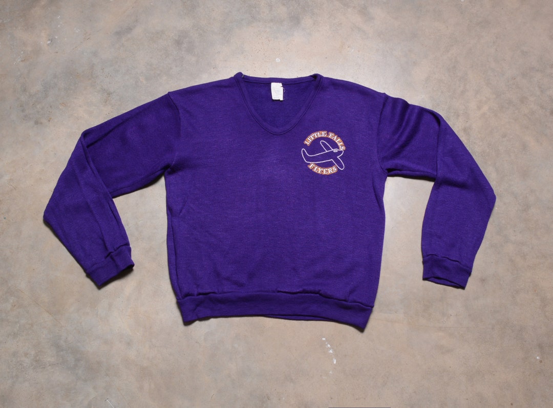 Vintage 70s 80s Little Falls Flyers Sweater V-neck Purple Football MN ...