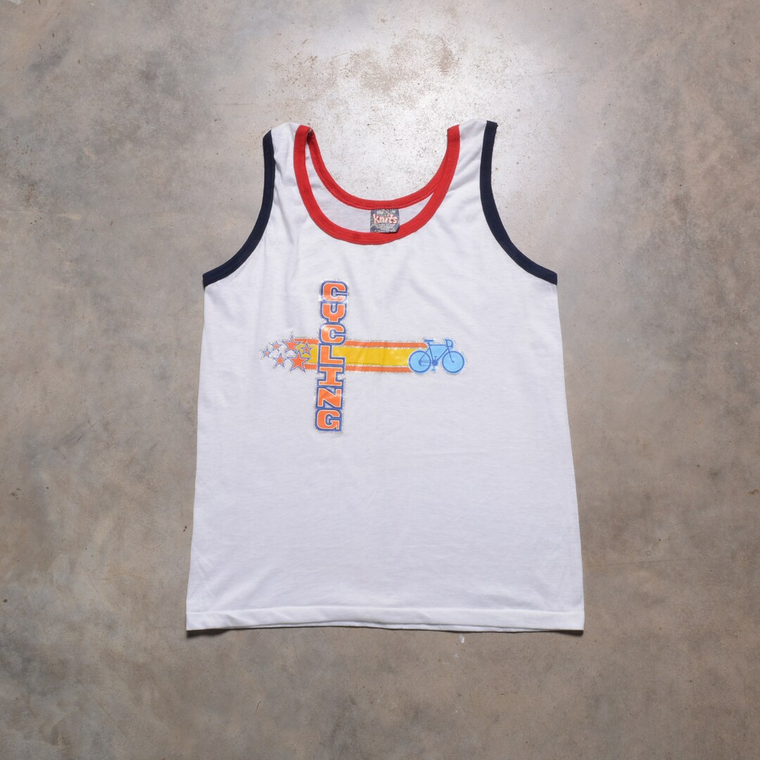 Vintage 80s Glitter Iron on Tank Top Ringer Shirt Cycling Transfer 1980 ...