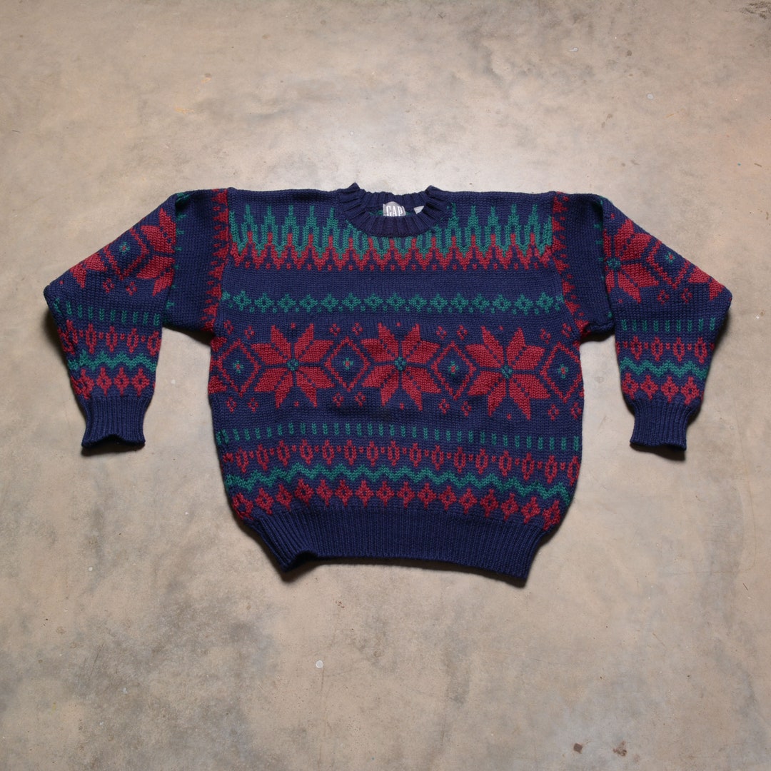 Vintage 80s Ski Sweater Fair Isle Folk Snowflake Jumper Red Blue Green ...