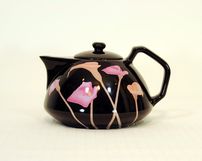 Black Japanese Teapot Pink Calla Lily Flowers Glazed Glossy Toyo Tea ...