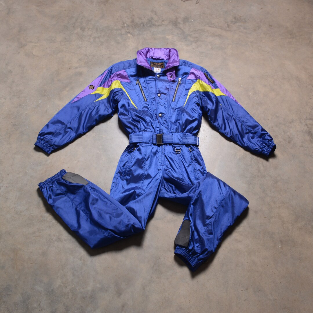 Vintage Ski Suit 80s 90s One Piece Skiing Descente Blue Yellow Purple ...