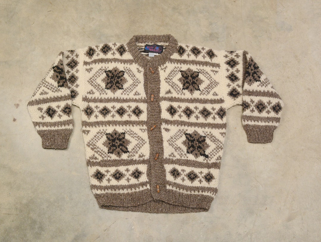 Vintage Nepalese Snowflake Cardigan Sweater Brown Cream White Chunky ...