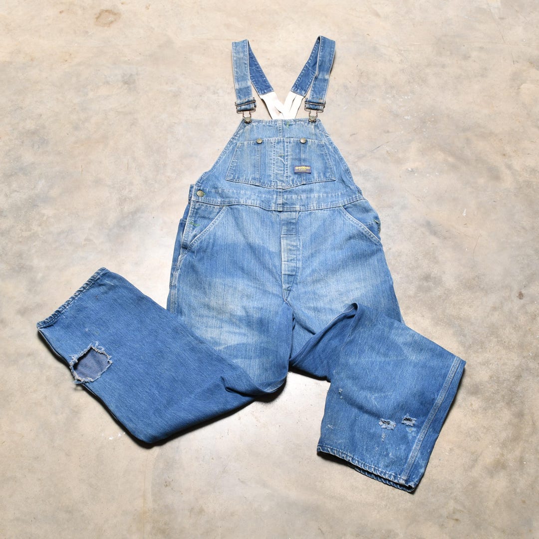 Vintage 40s Oshkosh Vest Bak Overalls Medium Wash Busted Destroyed ...