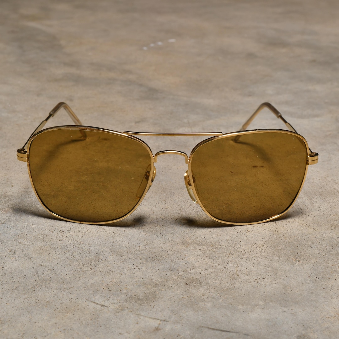 Vintage 70s Aviator Sunglasses Gold Metal Frame Amber Lens 1970 Visual ...