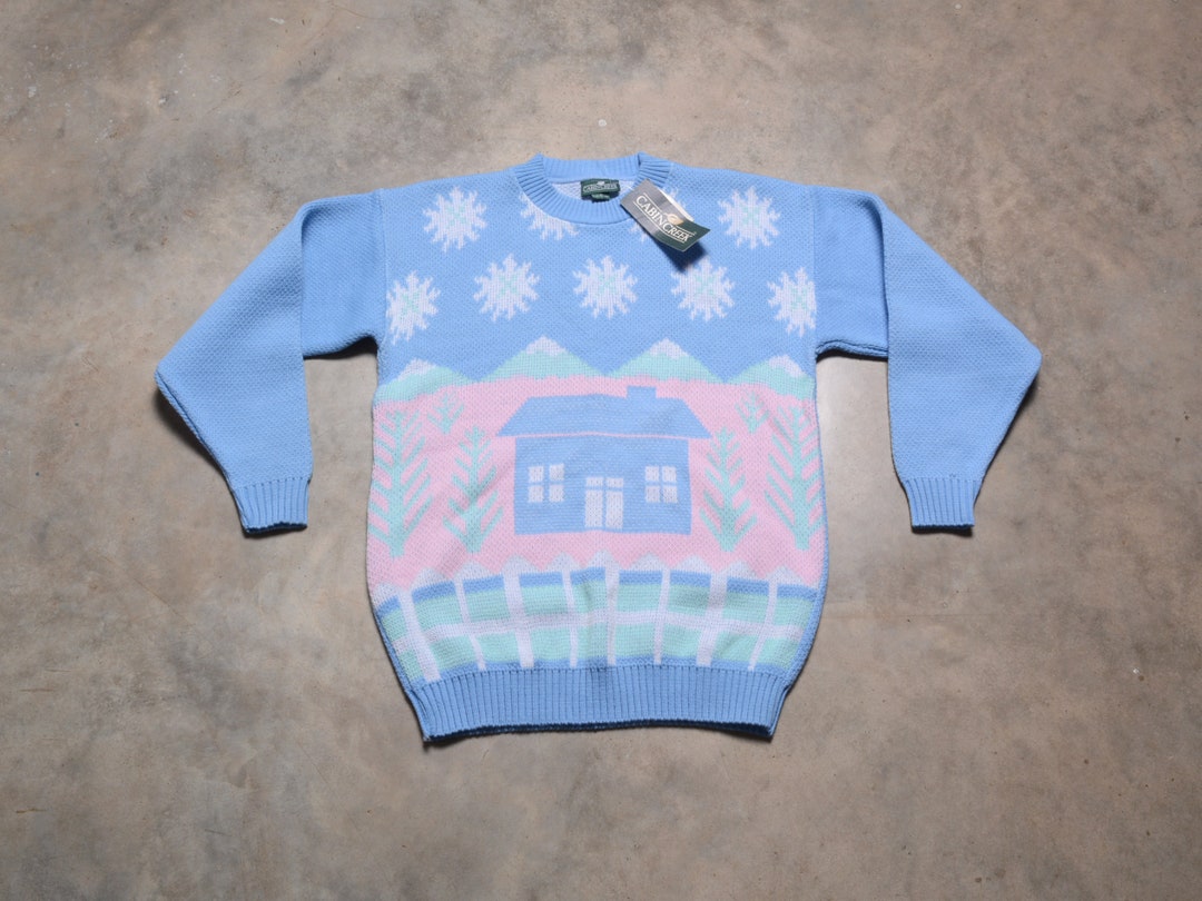 Vintage 80s Snow Scene Sweater 1980 Novelty Mountain Cabin Ski Lodge ...