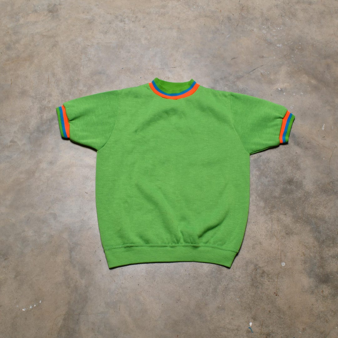 Vintage 60s Ringer Short Sleeve Knit Sweatshirt Green Blue Orange 1960 ...