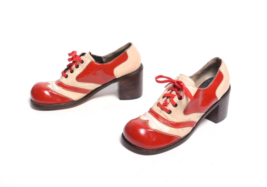 Vintage 70s Platform Shoes High Heel Glam Rock Tan Red Patent Leather ...