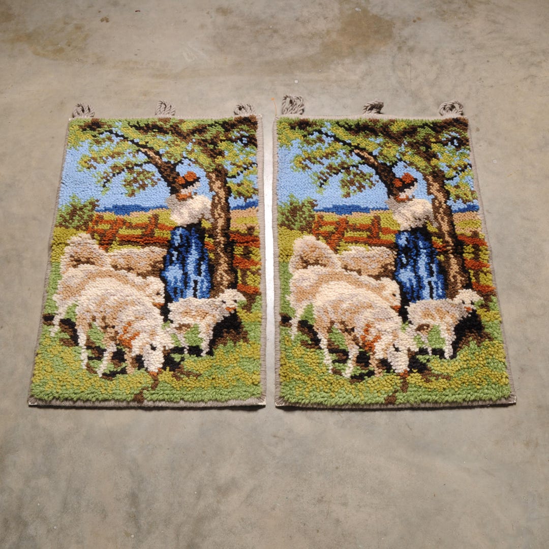Vintage 60s 70s Hooked Rug Shepard Sheep Pair Wall Hanging Mid Century ...