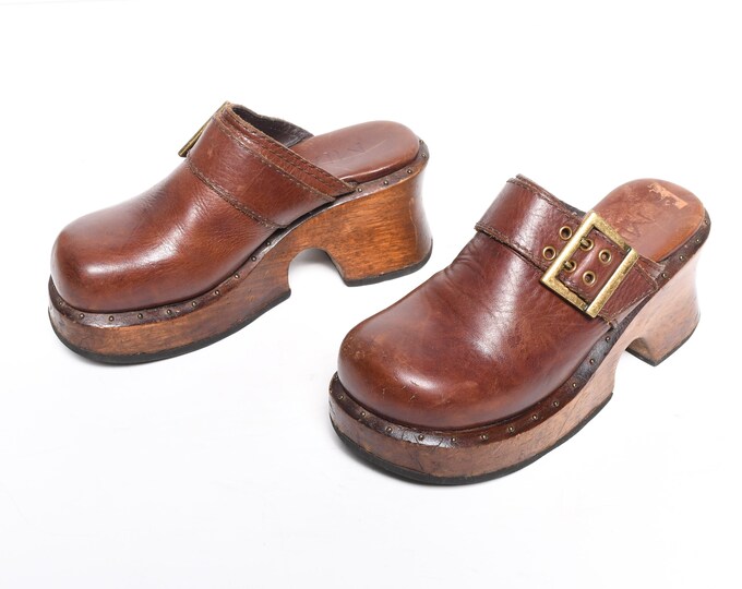 Vintage 90s MIA Wood Platform Clog Distressed Brown Leather Woven Women ...