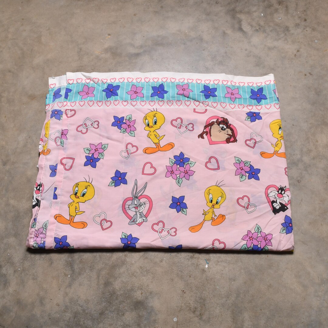 Vintage 80s 90s Looney Tunes Twin Flat Bed Sheet Pink Flower Pattern ...