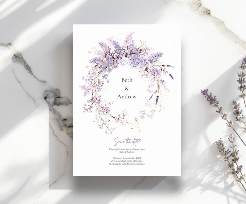 Lavender Lilac Wedding Invitation Template: Editable Floral Design ...