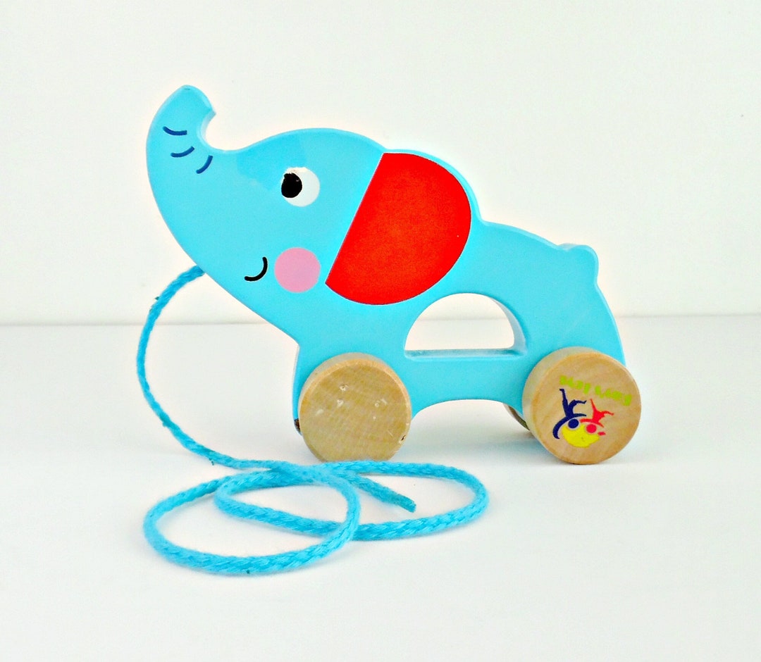 Vintage Toddler's Wooden Elephant Pull Toy Bright Blue Red and Pink ...