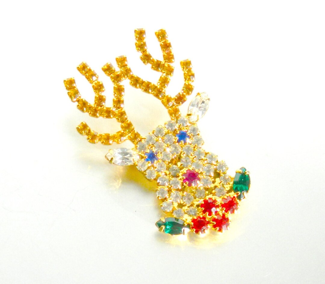 Rhinestone Rudolph the Red Nosed Reindeer Brooch Vintage Christmas ...