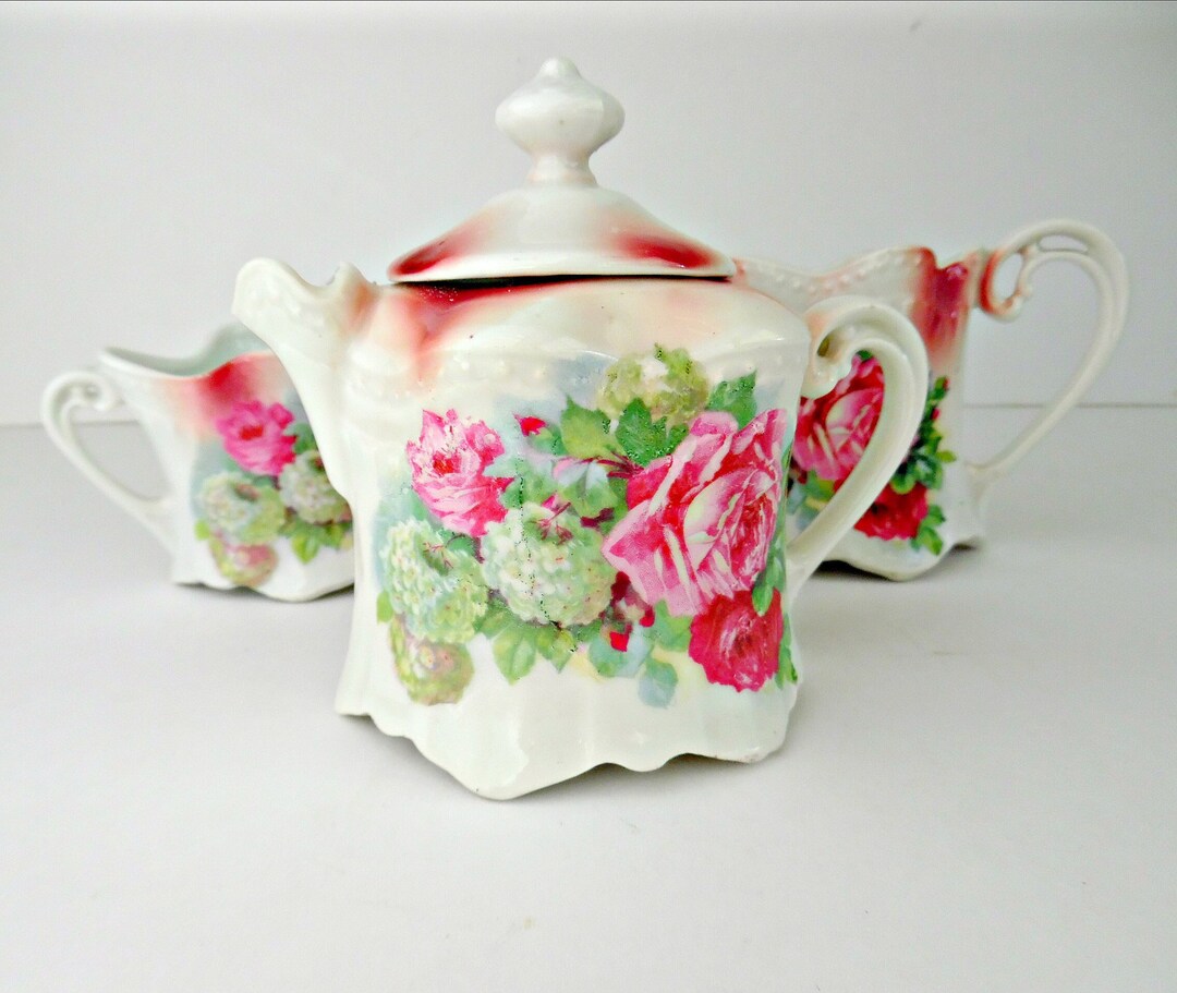 Shabby Chic Tea Set, Teapot, Creamer and Sugar Bowl - Etsy