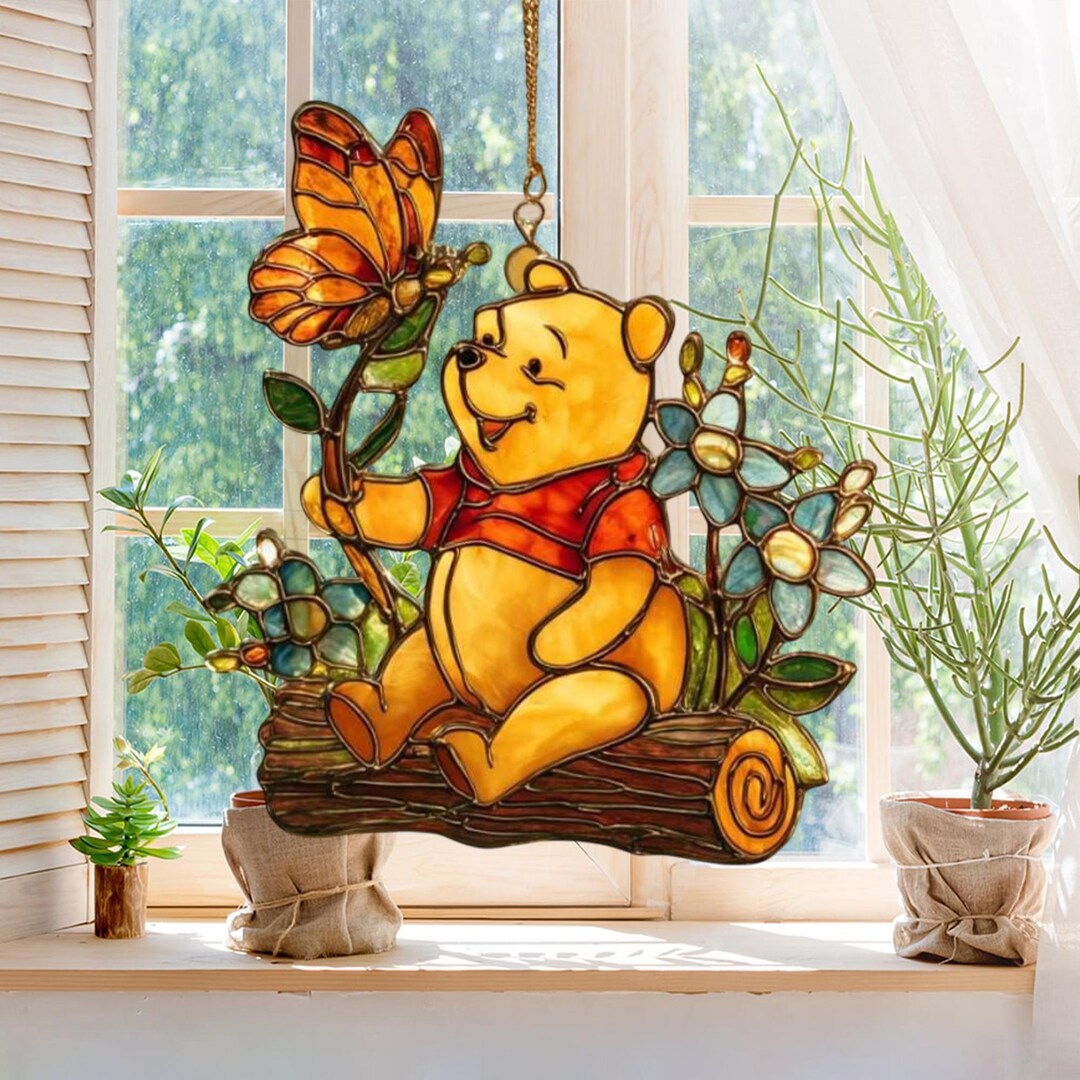 Winnie the Pooh Faux Stained Suncatcher, Cute Pooh Bear Window Hanging ...