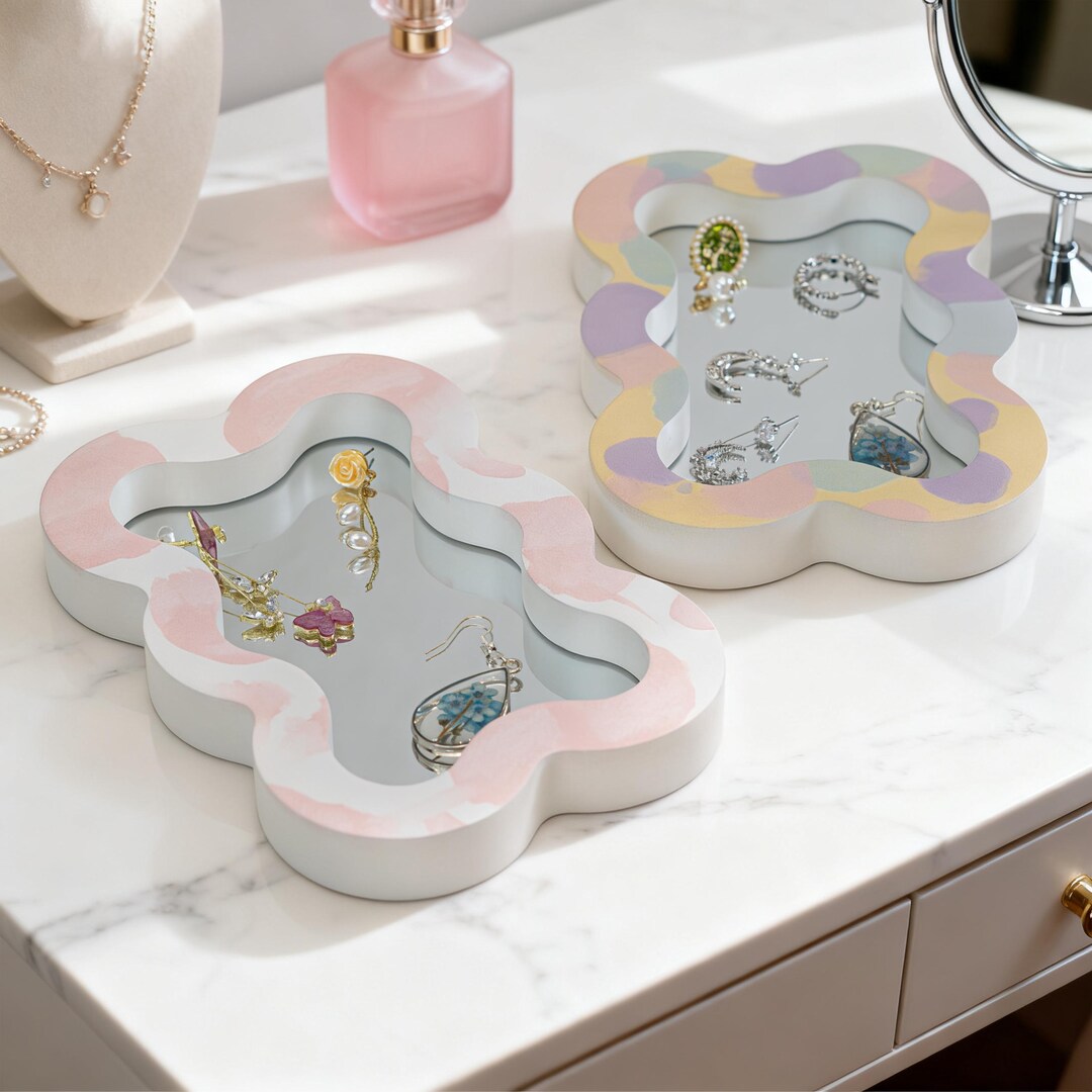 Wavy Pastel Mirror Tray, Dual-use Jewelry Organizer, Vanity Mirror ...