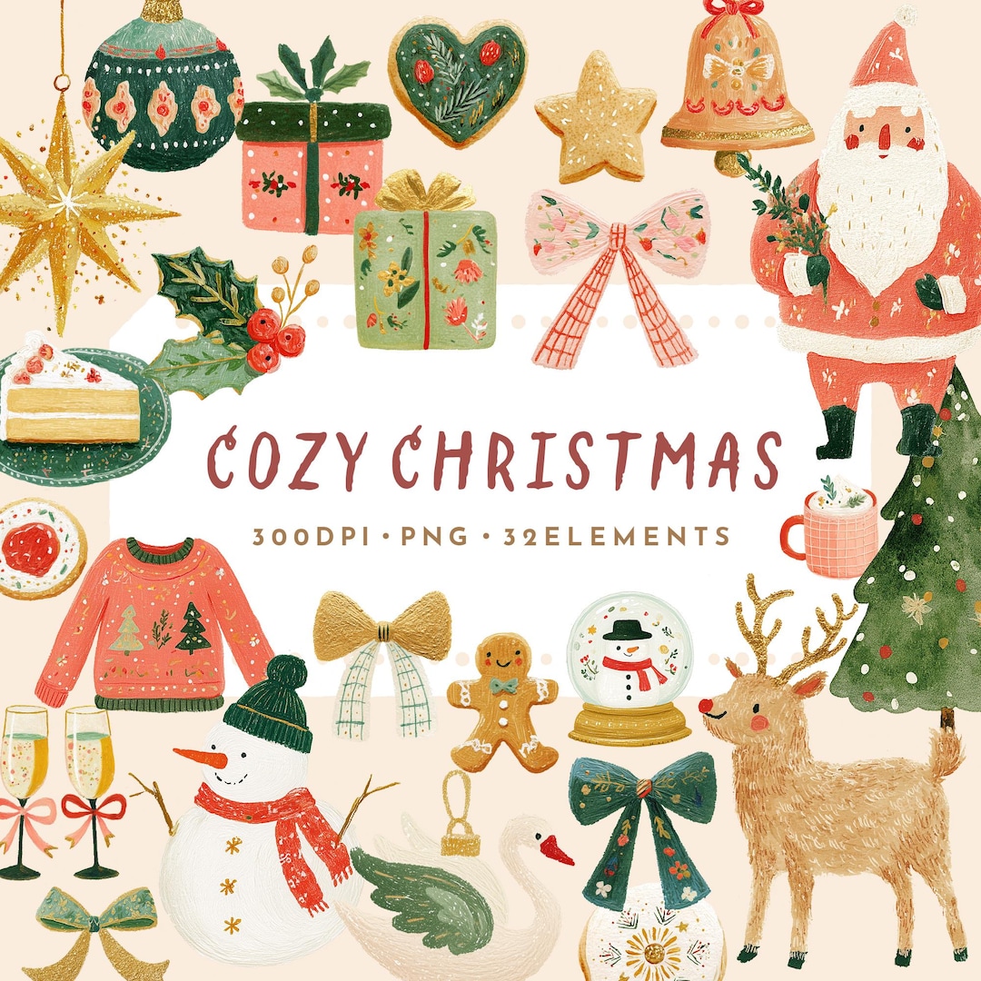 Christmas PNG Clipart Bundle | 32 Elements | Hand-painted Look Gouache ...