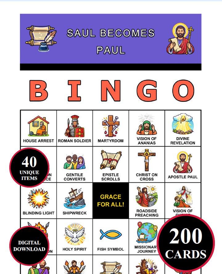 Saul Becomes Paul Bingo Game – 200 Printable Cards With 64 Unique ...