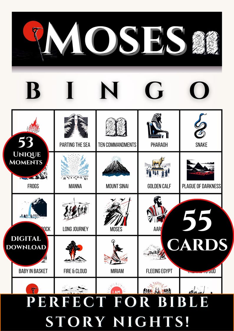 Moses Bible Bingo 55 Cards Game for Kids | Fun Printable Bingo Cards ...