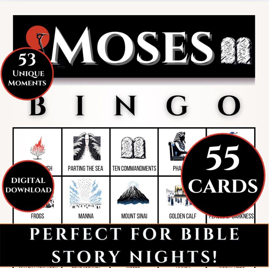 Moses Bible Bingo 55 Cards Game for Kids | Fun Printable Bingo Cards ...