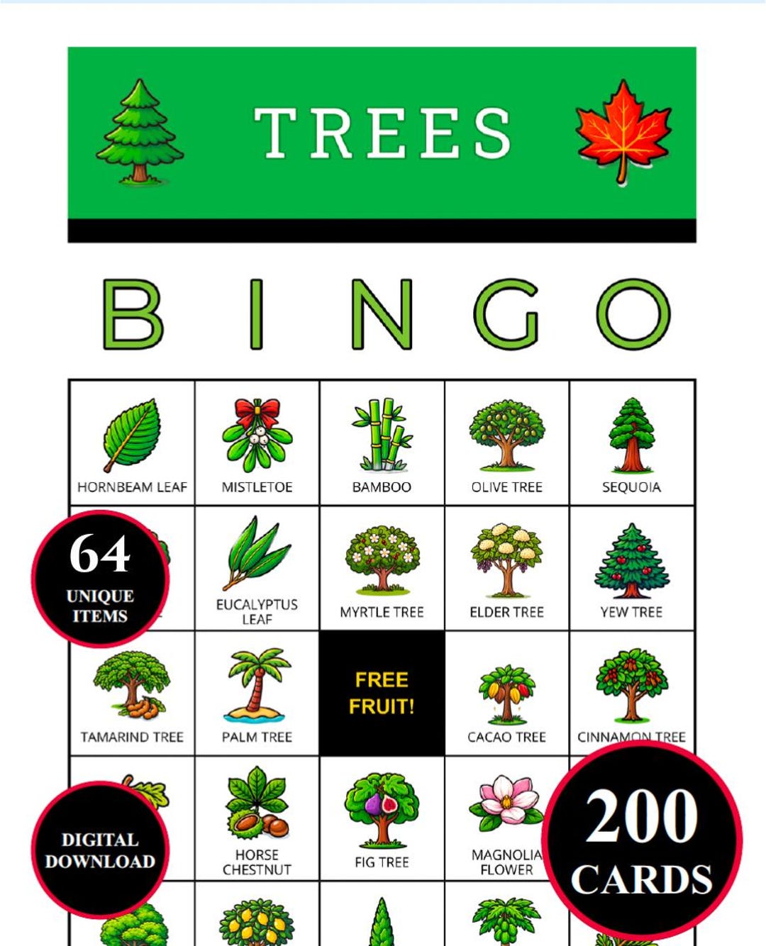 Trees Bingo Game – 200 Printable Cards With 64 Unique Tree Types ...
