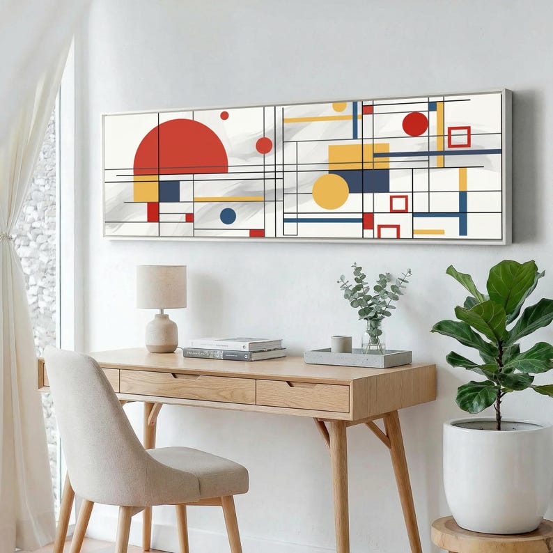 Bauhaus Abstract Wall Art Canvas, Wide Panoramic Geometric Grid ...