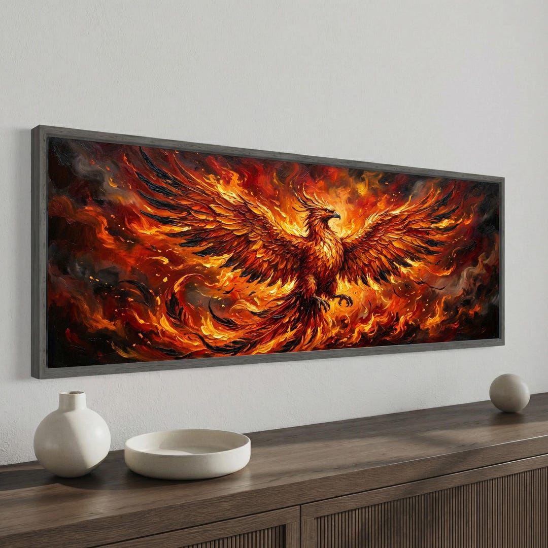 Fiery Phoenix Canvas Wall Art, Panoramic Horizontal Fantasy Firebird ...