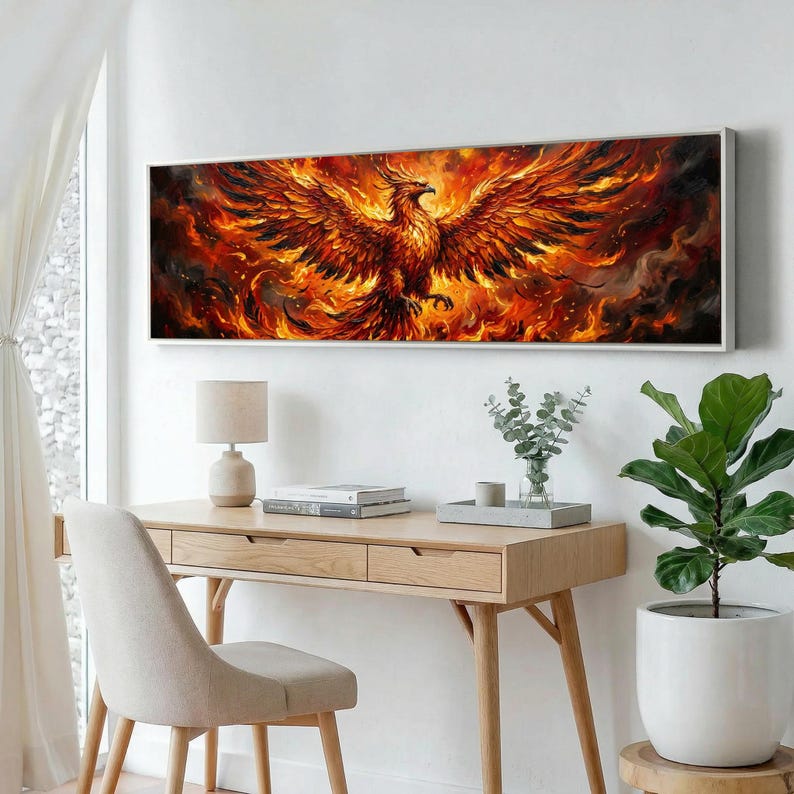 Fiery Phoenix Canvas Wall Art, Panoramic Horizontal Fantasy Firebird ...