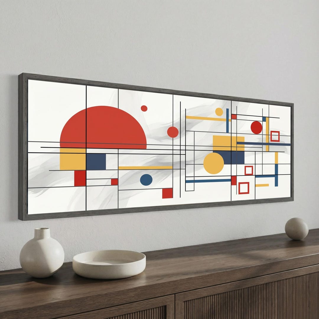 Bauhaus Abstract Wall Art Canvas, Wide Panoramic Geometric Grid ...