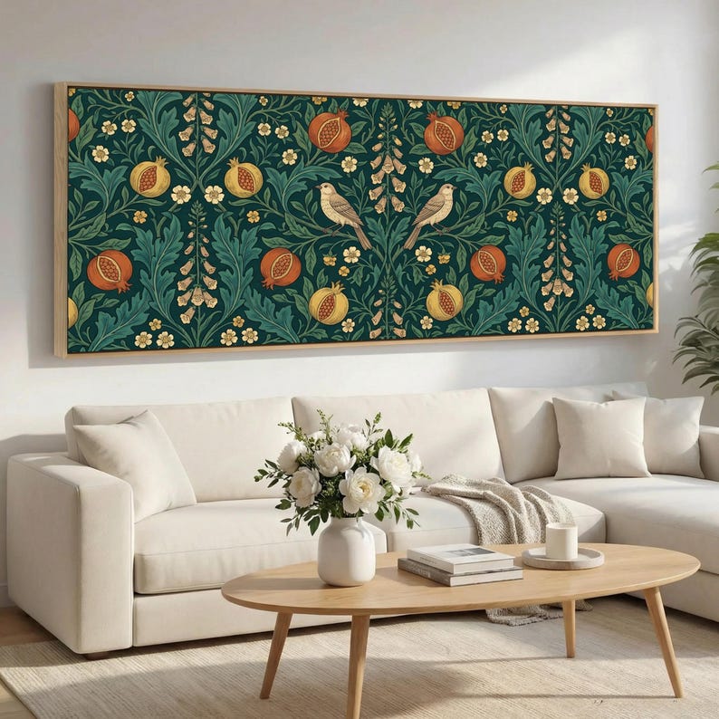Teal Botanical Bird & Pomegranate Canvas Wall Art, Extra Wide Framed ...