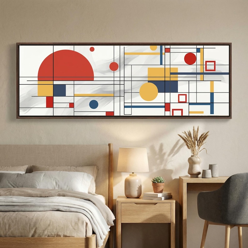 Bauhaus Abstract Wall Art Canvas, Wide Panoramic Geometric Grid ...