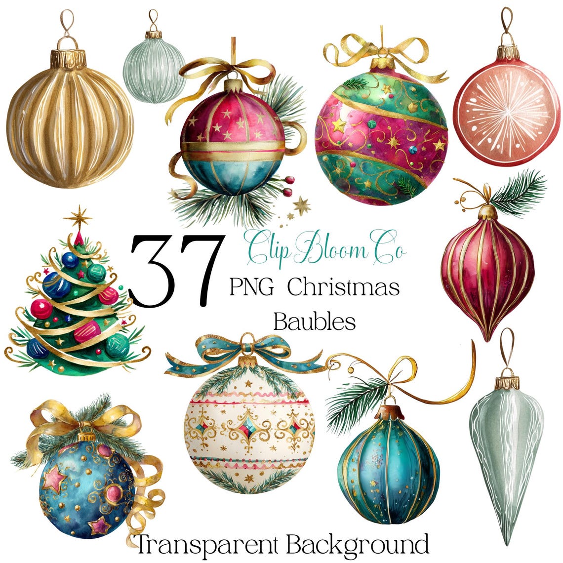 Christmas Baubles PNG Bundle – 37 Watercolor Ornaments Clipart - Etsy