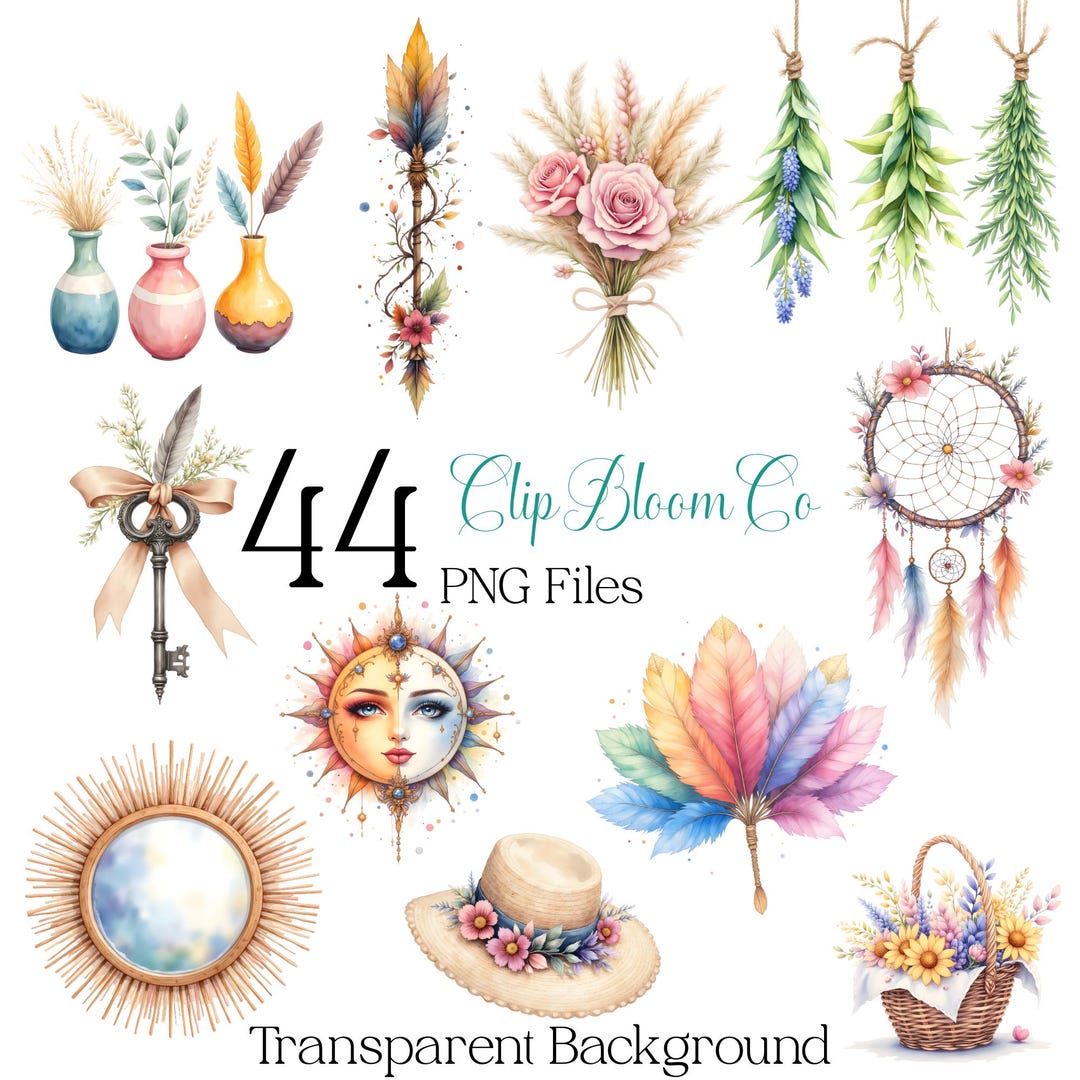 Colorful Boho Clipart Bundle PNG – 44 Watercolor Boho Elements, Floral ...