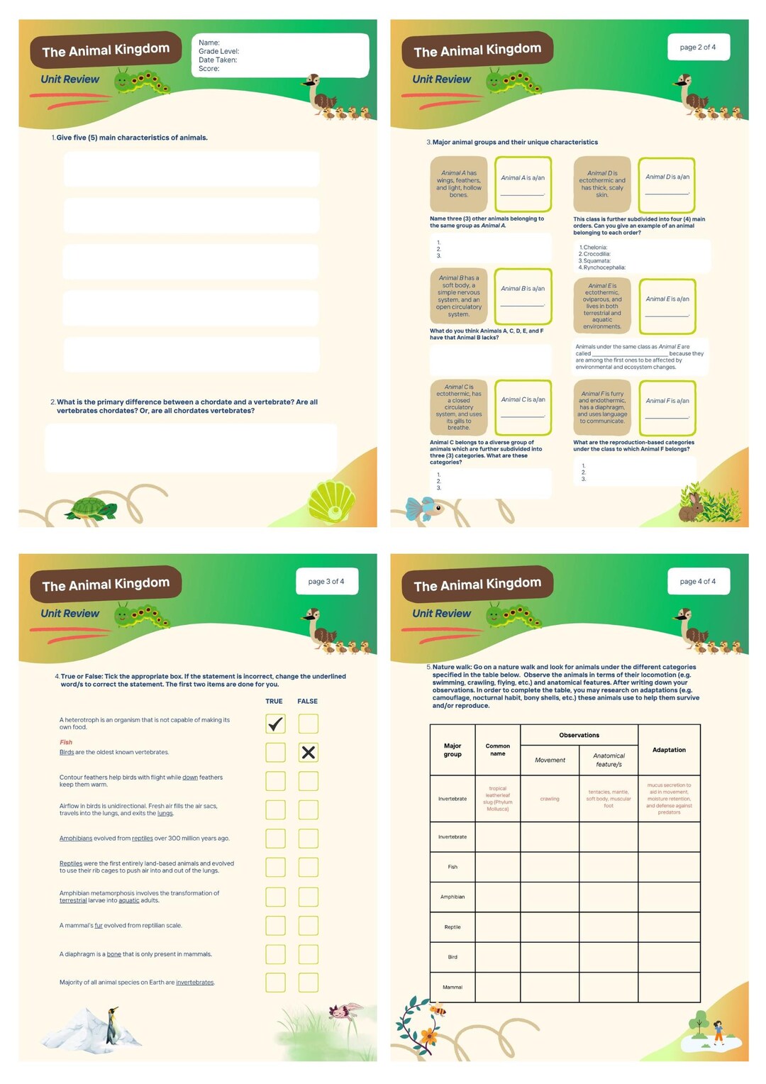 The Animal Kingdom Unit Reviewer - Etsy