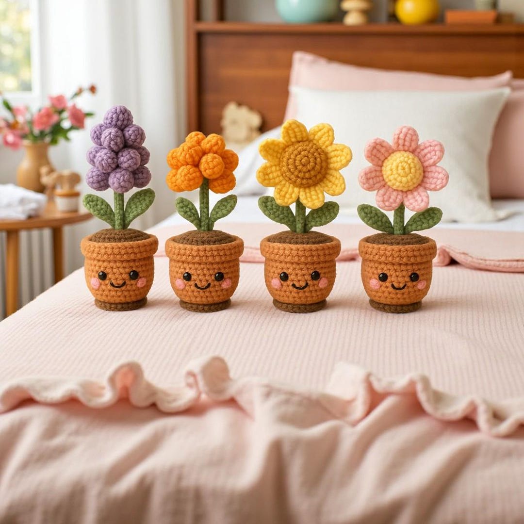 Smiling Crochet Flower Pot Plush – Cute Handmade Amigurumi Plant Decor ...