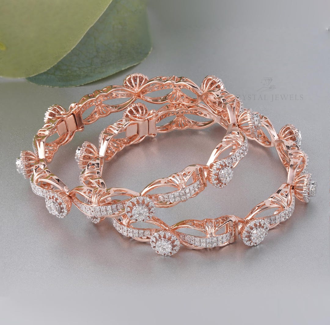 Rose Gold Floral Diamond Bangle, Twisted Leaf Design - Etsy