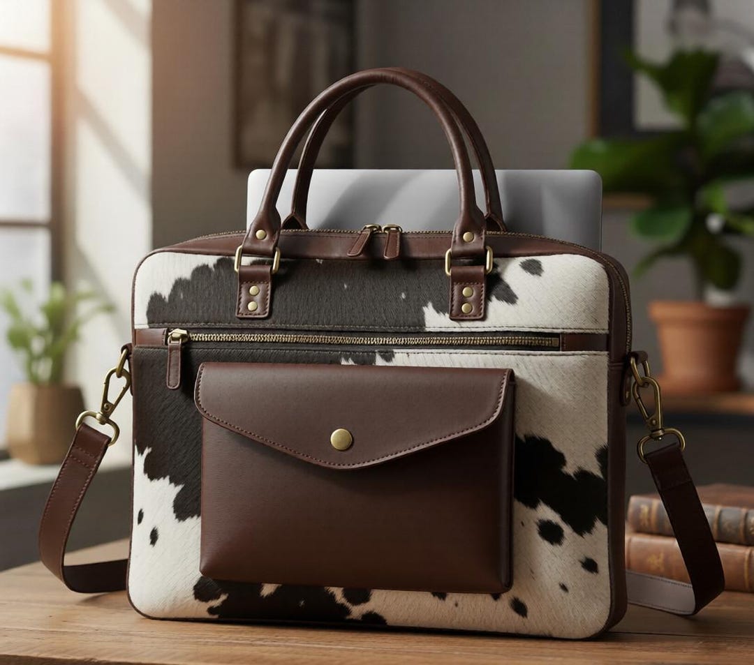 Handmade Cowhide Leather Laptop Bag – Hair-on Hide, Brown Leather Trim ...