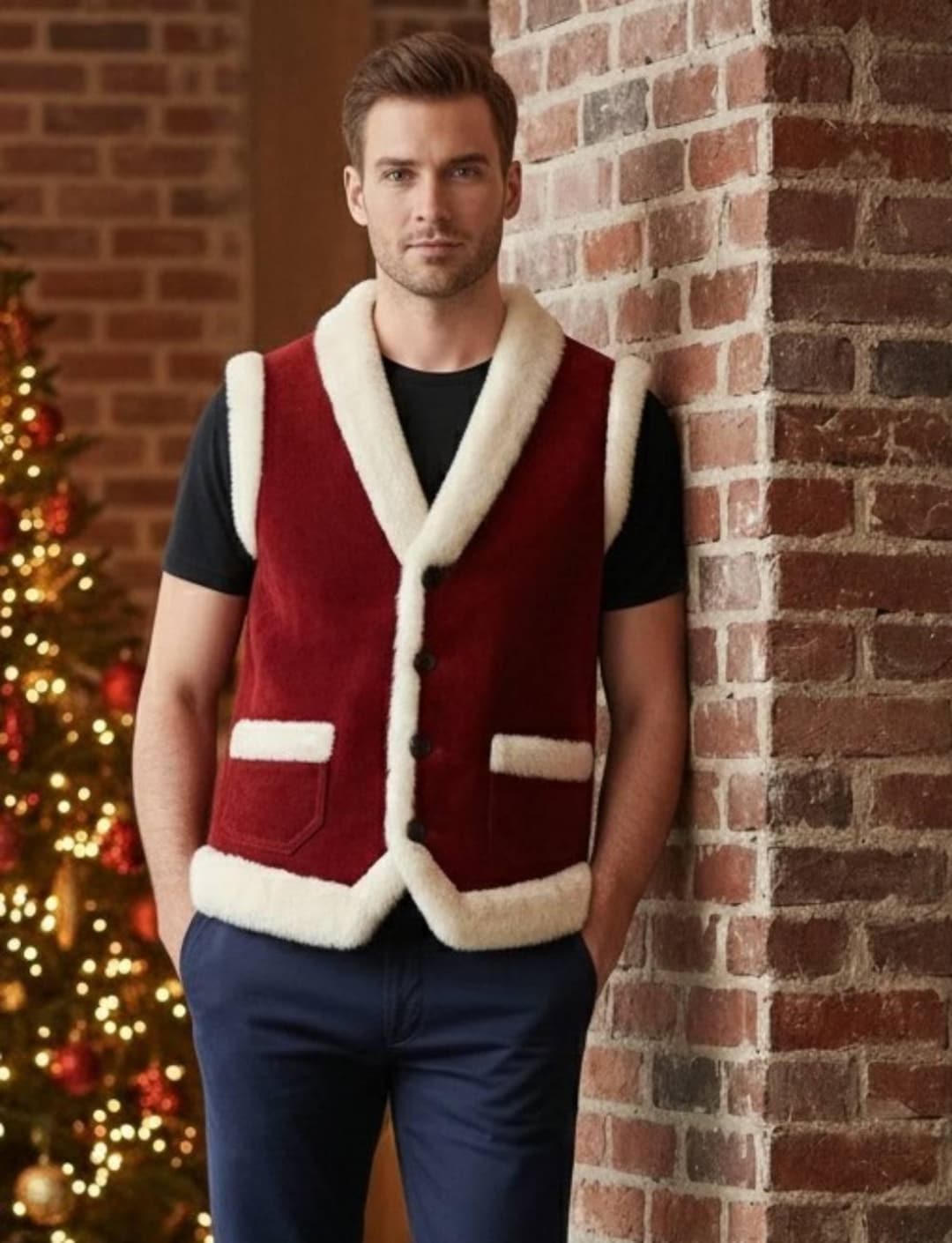 Santa-inspired Red Velvet Vest – White Faux Fur Trim Christmas ...