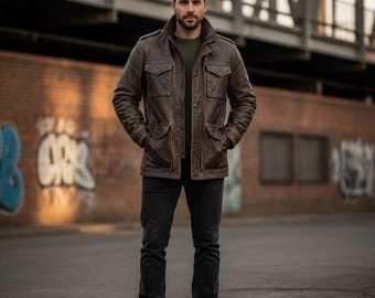 Handmade Brown Distressed Leather Field Jacket: M65 Vintage Style - Etsy