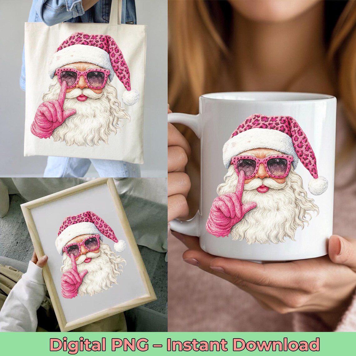 Pink Santa Faux Embroidery PNG, Fake Embroidery Christmas Png, Leopard ...